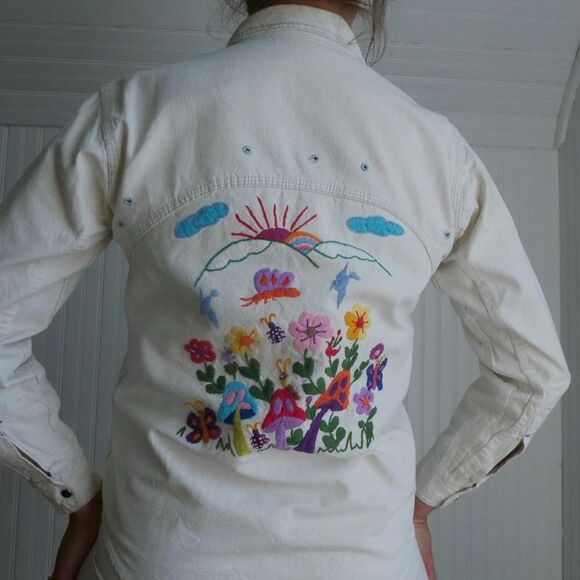 Vintage | Jackets & Coats | Vintage 7slight Wash Denim Embroidered ...